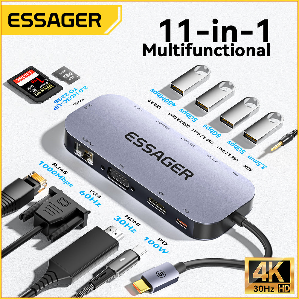 Essager 11 in 1 USB C HUB 4K 30HZ Type C Docking Station For Macbook ...
