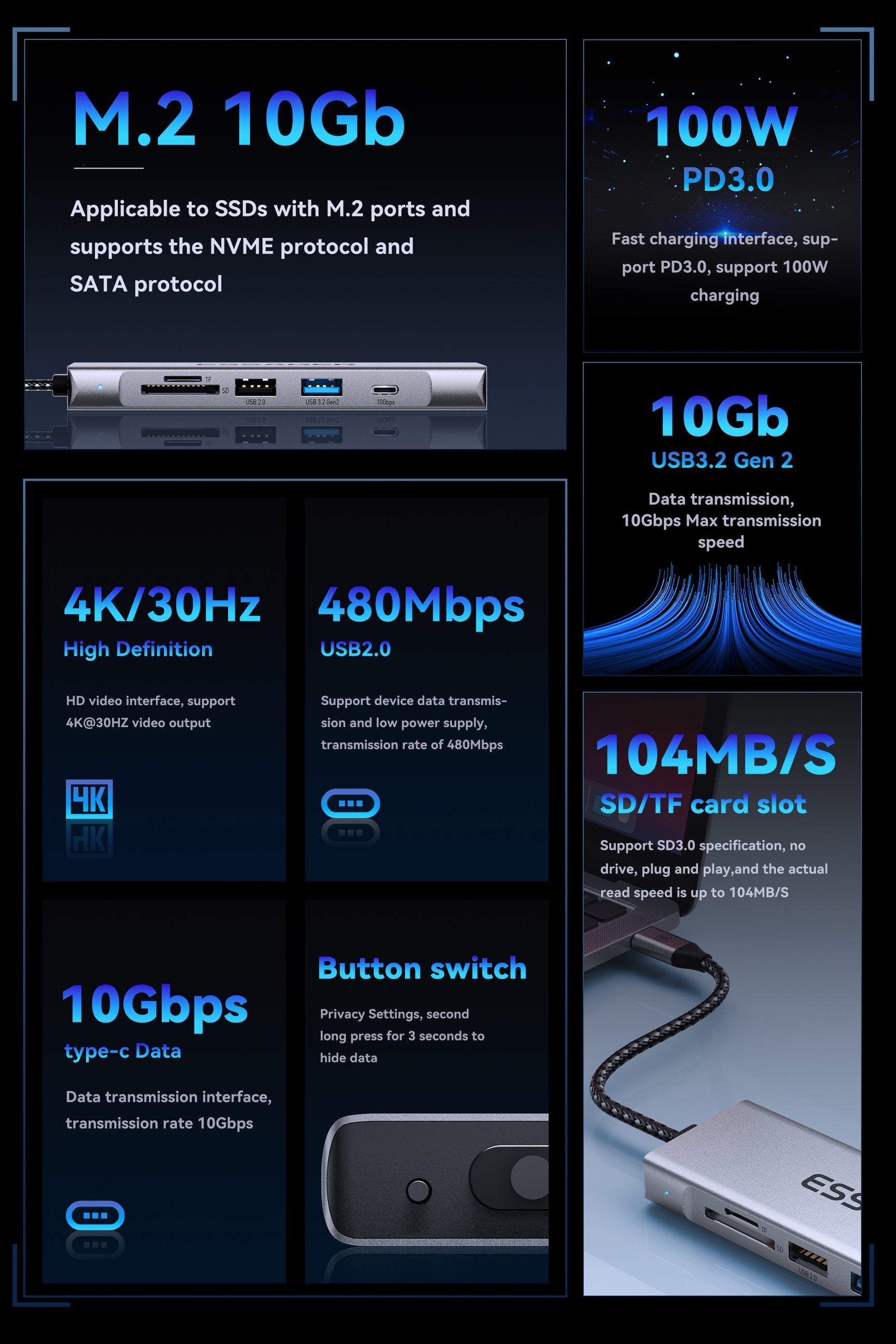 Essager 8-in-1 USBEssager 8-in-1 USB Hub With Disk Storage Function USB ...